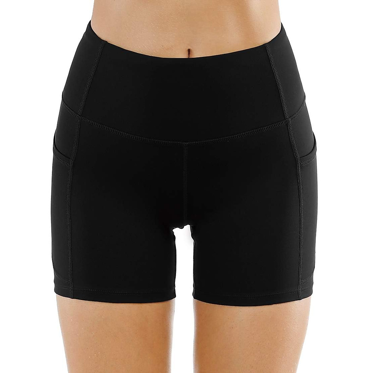 THE GYM PEOPLE High Waist Yoga Shorts for Women Tummy Control Fitness Athletic Workout Running Shorts with Deep Pockets (Medium, Black)