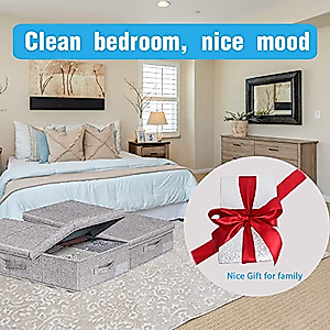 TheElves Under Bed Storage With Lids,2 Pack Foldable Stackable Underbed Storage Containers with 3 Handles,Under Bed Storage Drawer for Clothes Books Toys Shoes Pillows-Grey