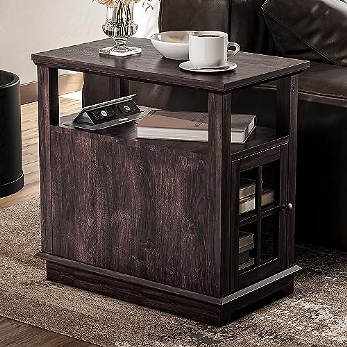 HIFYOBRO End Table with Charging Station, Side Table with Storage for Living Room and Bed Room, Power outlets & USB Ports, Adjustable Shelf