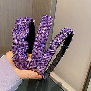 Jumwrit Rhinestone Headband Glitter Non-Slip Wide Headband Solid Hair Band Purple Cute Hair Hoop Wave Shape Headband Fashion Hair Accessories for Women Girls(Style 2)