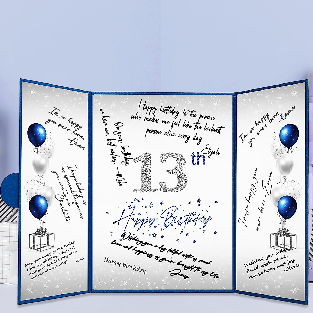 Crenics 13th Birthday Decorations for Boy or Girls, Creative 13th Birthday Guest Book Alternative, Blue and Silver 13 Birthday Signature Book 18 x 12 inch, Great 13 Birthday Gifts