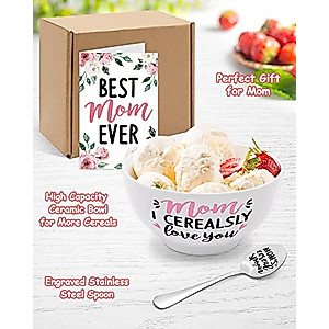 Mom's Cereal Bowl and Spoon Set with Best Mom Ever Greeting Card Christmas Mother's Birthday Engraved Gift Box Basket Idea for Her Cerealsly Love You Mommy Present Set of 3 Thanksgiving New Year