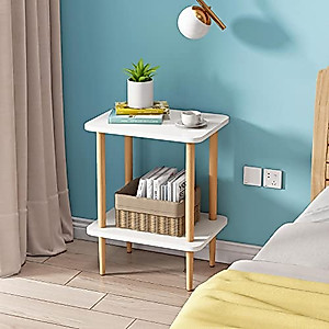 exilot 2-Tier Side Table Tall End Table with Storage Rack Wooden Nightstand Bedside Table for Living Room Bedroom Office No-Tool Assembly (White).