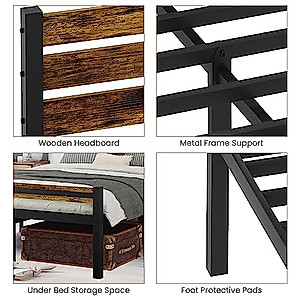 AWQM 14 Inch Full Bed Frame, Metal Platform Full Size Bed Frame with Wood Headboard and Footboard, No Noise, No Box Spring Needed, Bed Central with Extra Metal Support, More Sturdy, Rustic Brown+Black