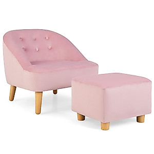 Costzon Kids Couch with Ottoman, Children's Sofa Toddler Chair w/Baby Velvet Surface, Children Armchair for Play Room, Nursery, Kindergarten, Chlidren's Sofa Gifts for 3-5 Years Old Boys Girls (Pink)