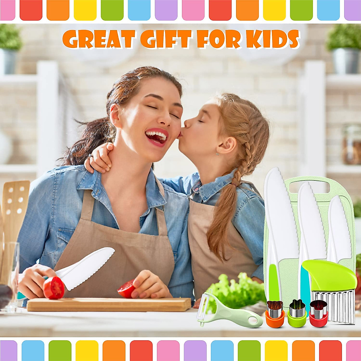 TAORISH 9 Pcs Kids Kitchen Knife Set, Kids Knives For Real Cooking With Cutting Board, Y Peeler, Crinkle Cutter, Sandwich Cutter, Serrated Edges Plastic Toddler Knife Kid Safe Knives