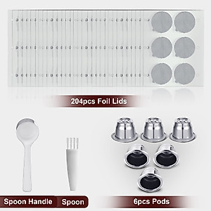 Didaey Reusable Espresso Capsules Stainless Steel Refillable Coffee Pods Reusable Espresso Pods with Aluminum Foil Seals Stickers Lids Compatible with Nespresso Machines (6 Cups, 204 Lids)