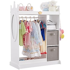 GTOLV Kids Dress up Storage with Mirror, 2 Storage Bins & Cloth Hanger, Kids Play Armoire Dresser Pretend Storage Closet for Bedroom, Kids Room, Playroom (White)