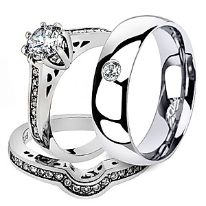 Marimor Jewelry His and Her 3 Piece Stainless Steel 1.85 Carat Cubic Zirconia Bridal Set and Men's Wedding Band Women's Size 06 Men's Size 10