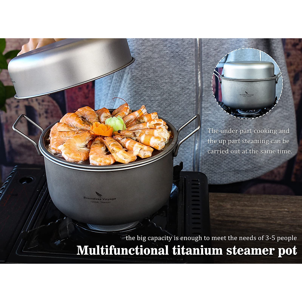 Boundless Voyage Titanium 1900mL Pot and 900mL Fry Pan Set with Steaming Rack and Lid Multifunctional Steamer Stockpot Outdoor Cooking Ultra Light Camping Cookware