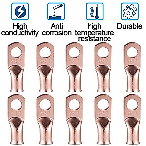 10 Pcs Copper Lugs Ring Terminals Connectors, 3/8” Stud Size for 4 AWG Wire. Battery Cable Ends