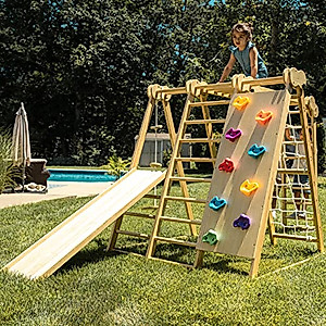 Avenlur Chestnut 7-in-1 Indoor and Outdoor Foldable Jungle Gym Playset for Kids Aged 2-6yrs with Slide, Rock Climb Wall, Climbing Ladder, Rope Net, Monkey Bars, Swing, and Ninja Ring - USA Company