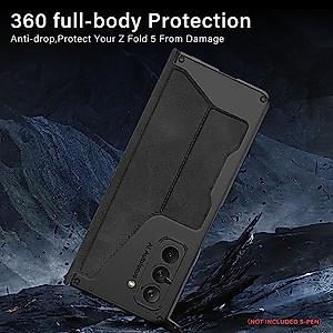 DEMCERT for Samsung Galaxy Z Fold 5 with [Fold4 Edition Pen Slot],Military Armor Full Body Protective Anti-Scratch Hard Leather Bracket Case with Screen Protector Wireless Charger (Black)