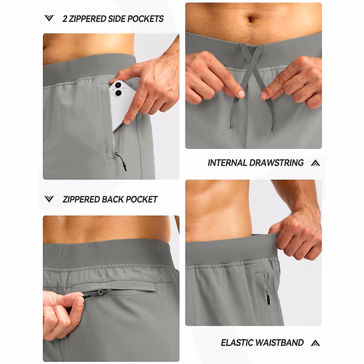 Pudolla Men's Workout Running Shorts with 3 Zipper Pockets Lightweight 7" Gym Shorts for Men Athletic Walking Hiking(Bright Grey Medium)