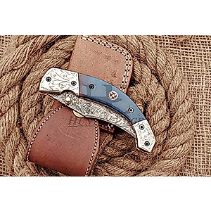 HUNTEX Custom Handmade Hand-Forged Twist Pattern Damascus Steel 4 Inch Long Natural Tinted Camel Bone Handle Razor Sharp Hunting Camping Folding Pocket Trailing Knife with Genuine Leather Pouch