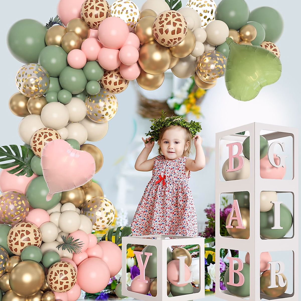 Amandir Baby Boxes Sage Green Baby Shower Decorations for Girl, Pink Gold Sage Green Balloon Arch Baby Blocks Letters Animal Jungle Safari Balloons Gender Reveal Two Wild One Birthday Party Supplies