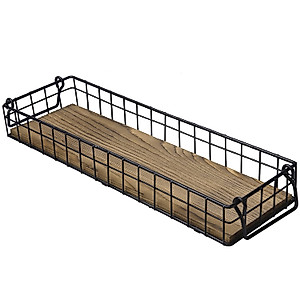 MyGift Tabletop Rustic Burnt Brown Wood Rectangular Serving Display Basket Style Tray with Vintage Metal Wire Frame and Handles