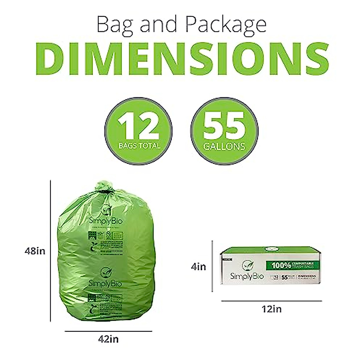 Simply Bio 55 Gallon Compostable Trash Bag with Flat Top, Heavy Duty Extra Thick 1.57 Mil, 12 Count, 208.2 Liter, Large Lawn Yard Waste Bag, ASTM D6400, US BPI and Europe OK Compost Certified