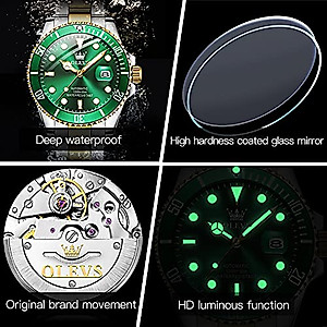 OLEVS Automatic Watches for Men Self Winding Submariner Green Face Watch Men Luxury Watches Stainless Steel Two Tone Watches Big Face Mechanical Men's Wrist Watches relojes de Hombre