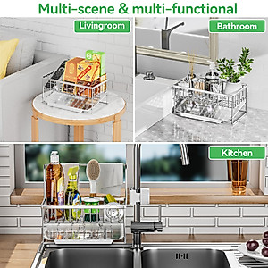 JANE EYRE Kitchen Sink Caddy - Sponge Brush Holder with Removable Slope Drip Tray SUS304 Stainless Steel Rustproof Sink Rack,(H) 9 in x (D) 5.5 in x (L) 9.84 in (Silver)