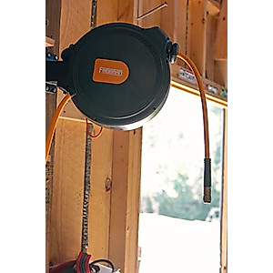 Freeman P1465CHR 1/4" x 65' Compact Retractable Air Hose Reel with Fittings Spring Loaded Compressed Air Hose with Auto-Guide Rewind & 180° Swivel Mount, Black, Orange