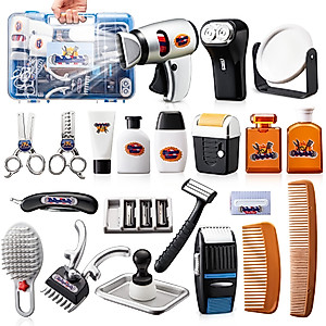 JOYIN 23Pcs Pretend Play Shaving & Grooming Kit for Kid, Boy Girl Barber Set w/ Storage Box, Toddler Hair Cutting Playset w/ Shaver, Scissors, Dryer, Razors for Boys Birthday, Presents Toys
