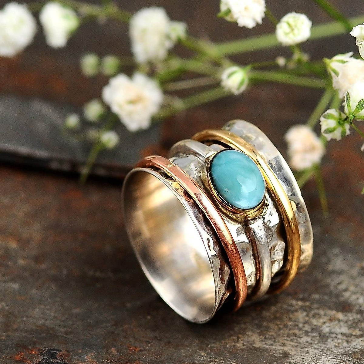 Boho-Magic 925 Sterling Silver Spinner Larimar Ring for Women with Copper and Brass Fidget Rings Bands (9)
