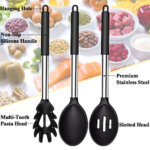 Silicone Cooking Spoons, Large Heat Resistant Silicone Pasta Slotted Spoon Solid Spoon for Nonstick Cookware, BPA Free Black Silicone Kitchen Spoons Dishwasher Safe for Cooking Mixing Serving, 3 Pack