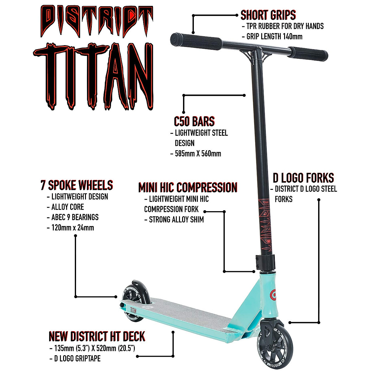 District Pro Scooters Titan Complete Stunt Street Scooter - Intermediate and Beginner Freestyle Scooter for Kids, Teens, and Adults of Any Age