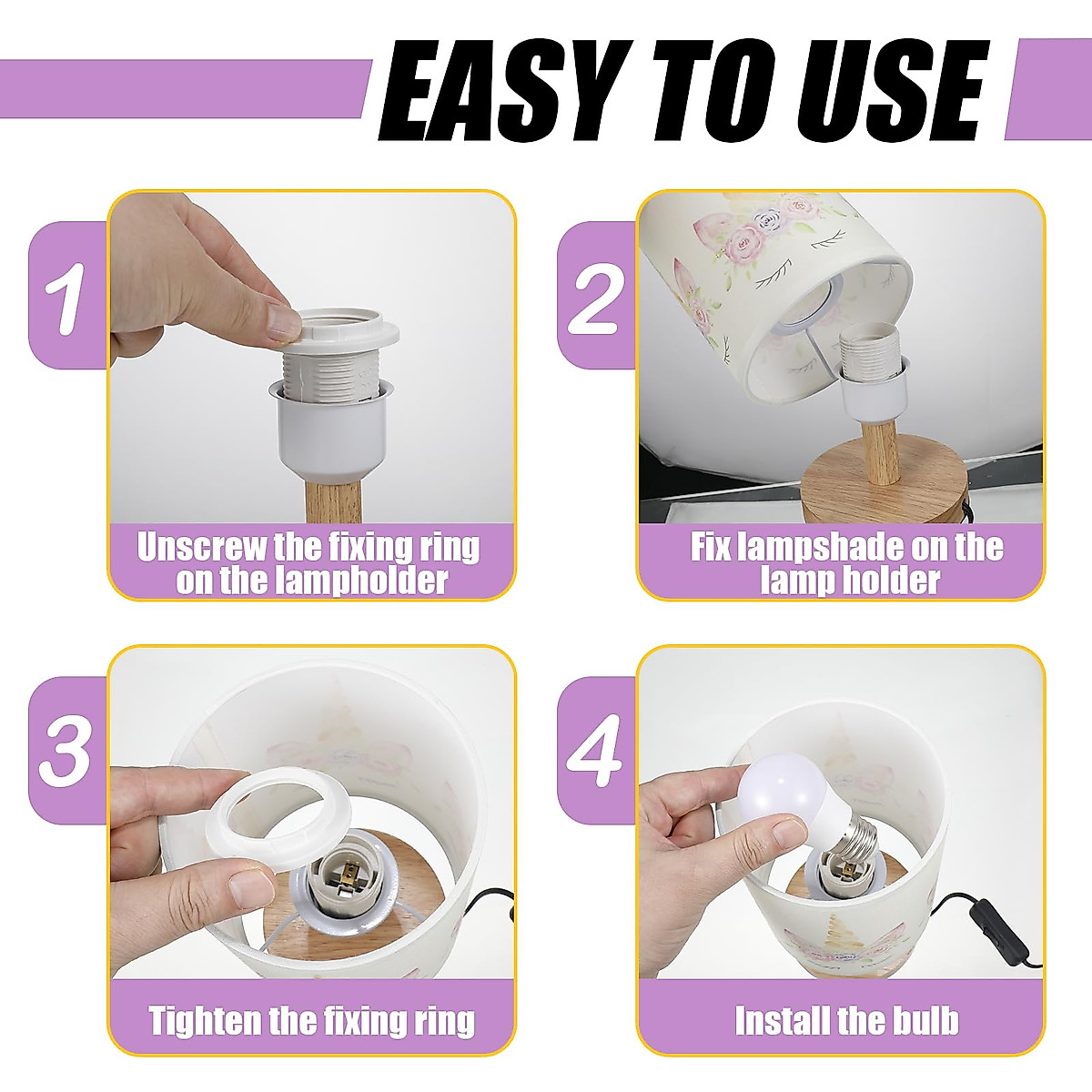 VIHOSE Kids Bedside Table Lamp for Bedroom Kids Nightstand Lamp with Linen Fabric Cartoon Lampshade Modern Boho Desk Woodland Lamp for Teenager Nursery Bedroom(Unicorn)