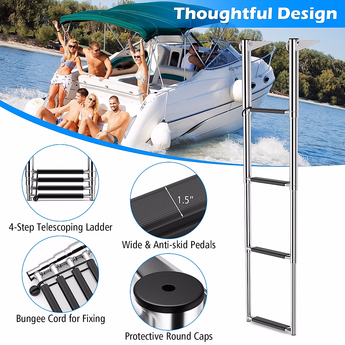 Goplus 4 Step Telescoping Boat Ladder, Folding Stainless Steel Swim Platform Ladder with Non-Slip Steps, Extendable Heavy Duty Dock Ladder for Pontoon Boat Yacht