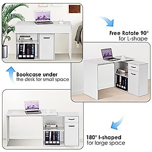 VANSPACE L-Shaped Rotating Computer Desk 68 inch with Storage Shelves Home Office Corner Desk with Drawers and File Cabinet Multipurpose Study Writing Table for Bedroom Small Space White