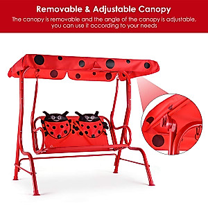 HONEY JOY Kids Patio Swing, 2-Seater Outdoor Porch Swing Lounge Chair W/Canopy & Safety Belt, All Weather Resistant Waterproof Hanging Swing Bench for Patio Garden Poolside Balcony(Red Beetle)