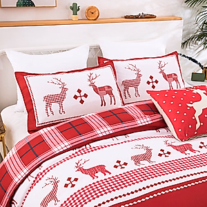 Christmas Duvet Cover Set King, Reversible Reindeer Red Plaid Comforter Cover with Zipper Closure, 3 Pieces Soft Microfiber New Year Xmas Holiday Bedding Cover Set with 2 Pillowcases