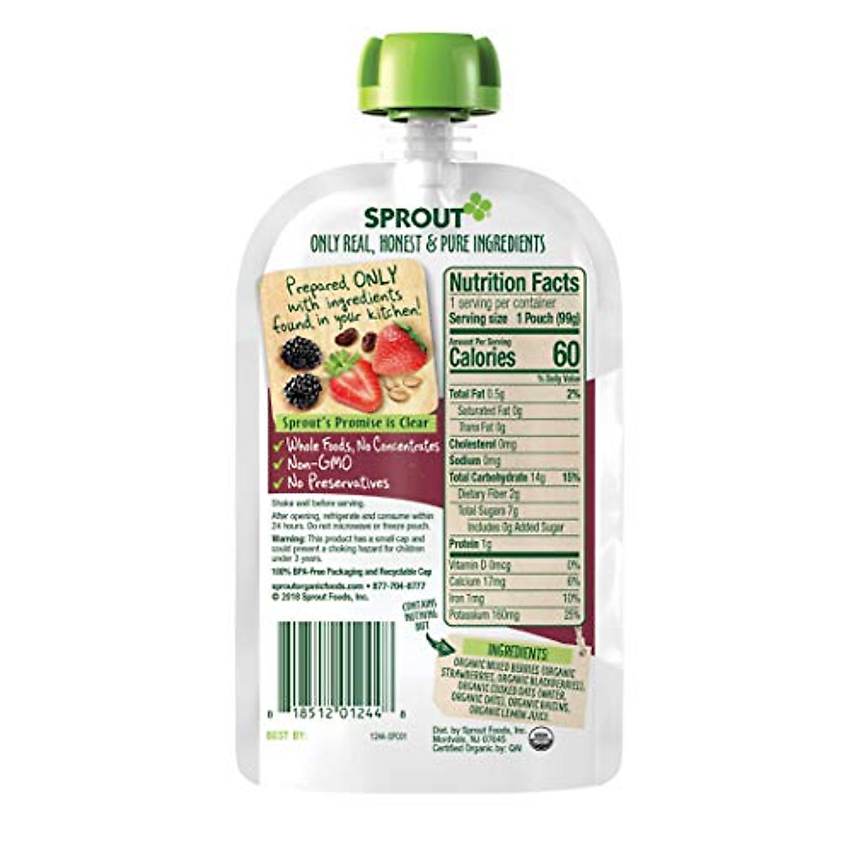 Sprout Organic Baby Food, Stage 2 Pouches, Fruit Veggie & Grain Blend, Mixed Berry Oatmeal, 3.5 Oz Purees (Pack of 6)