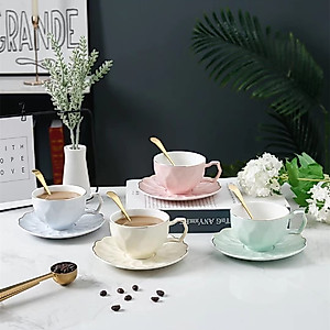 fanquare 3 Piece Porcelain Cup and Saucer Set with Spoon, Vintage Pink Coffee Cup for Latte, Mocha, 7 Ounce