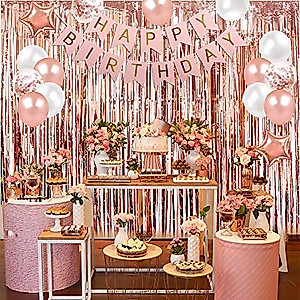 Rose Gold Birthday Party Decorations, Happy Birthday Banner, Rose Gold Confetti and White Balloons, Foil Balloon, Tassels, Foil Fringe Curtains for Girl Birthday Supplies
