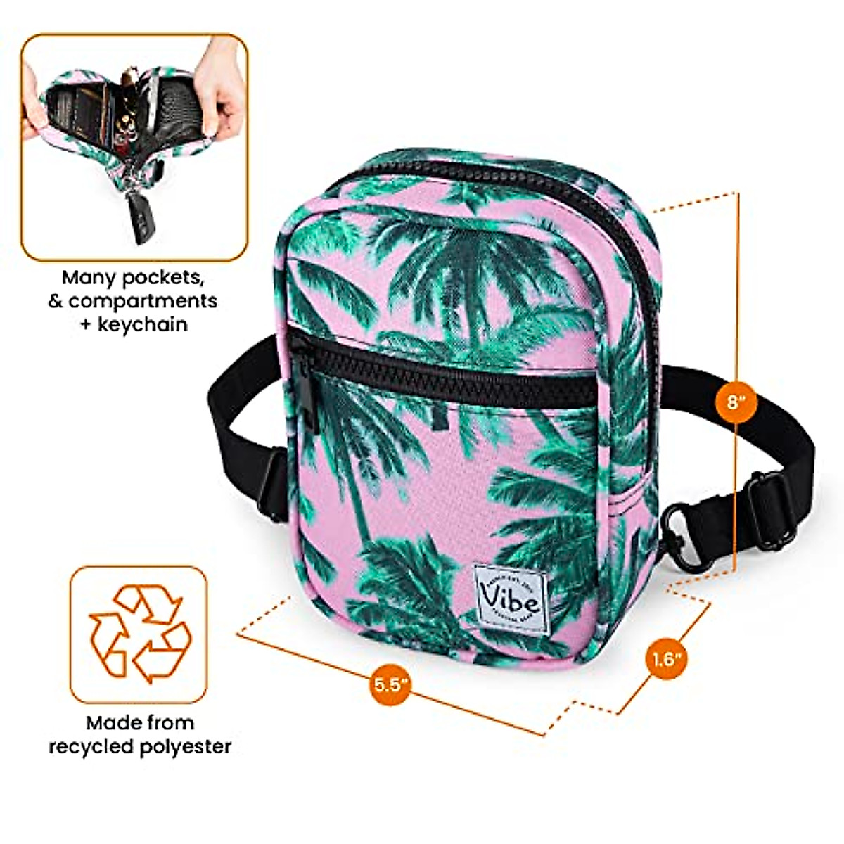 Vibe Festival Gear Crossbody Sling Bag for Women 4in1 from Recycled Polyester Belt Bag Backpack Fanny Pack Purse - Pink Tropical Palm Trees