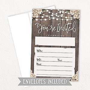 Bridal Shower Rustic Party Invitations - 20 Invites With Envelopes - Wood With String Lights Design - Wedding Reception, Engagement Party, Rehearsal Dinner Party, Milestone Birthday or Housewarming