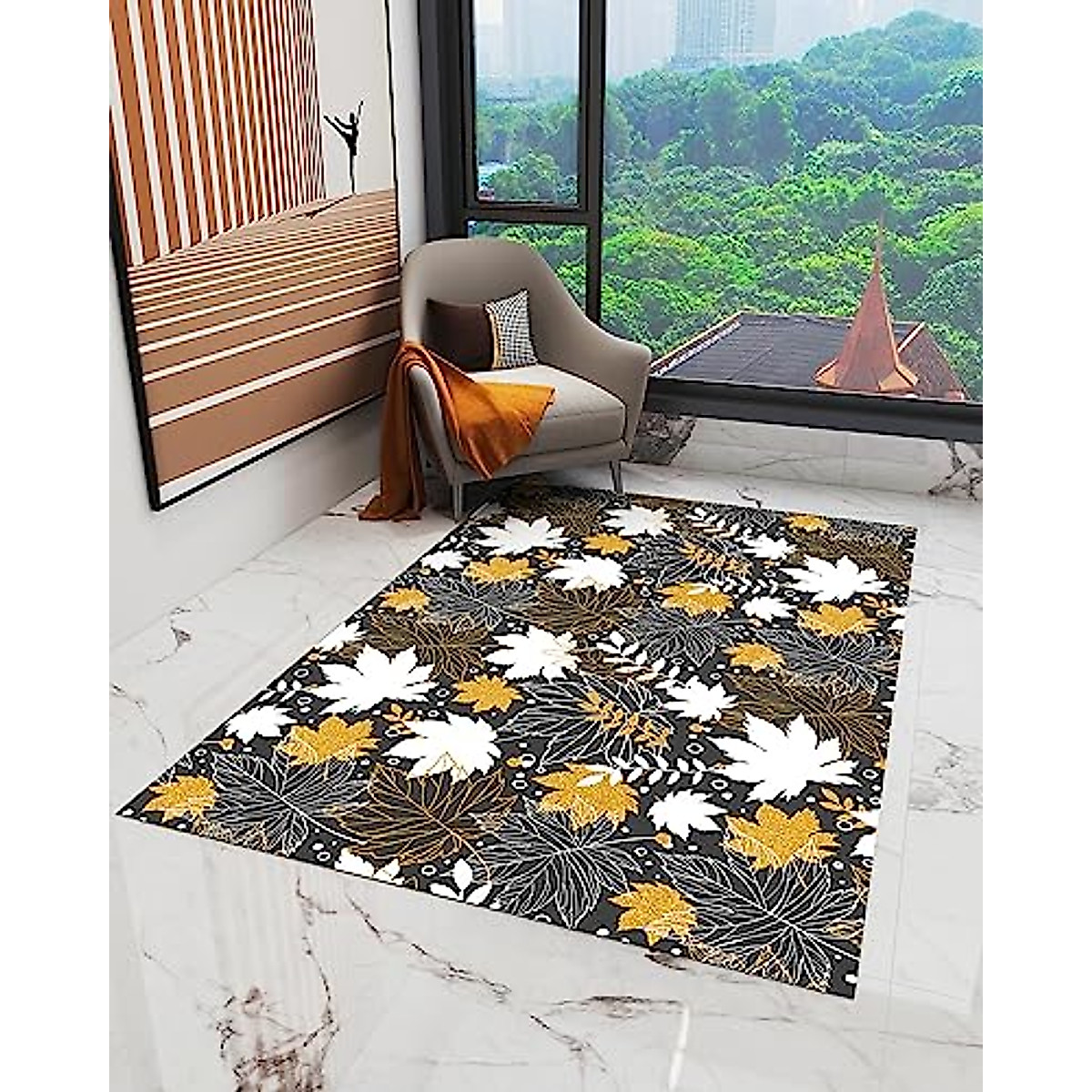 Autumn Maple Leaves Large Rectangular Area Rugs 5' x 7' Living Room, Yellow White Gold Leaf Black Backdrop Durable Non Slip Rug Carpet Floor Mat for Bedroom Bedside Outdoor