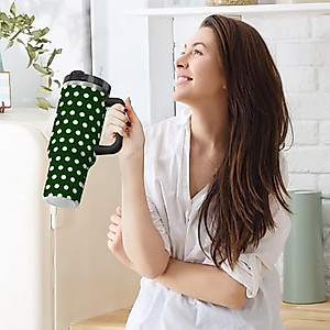 Flradish 40oz Tumbler with Handle, Polka Dots Hunter Green White Stainless Steel Tumbler with Lid and Straws Double Wall Vacuum Insulated Leakproof Coffee Travel Mug