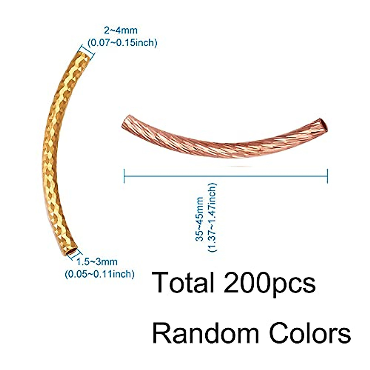 Fashewelry 200Pcs Curved Tube Long Noodle Spacer Beads 35~45mm Random Mixed Colors Carved Brass Metal Finding Beads for Jewelry Making Hole: 1.5-3mm