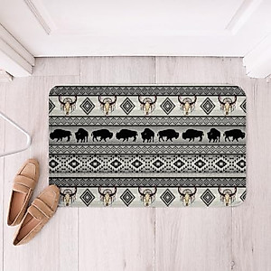 spefrowx Western Bath Mat 20"x32",Longhorn Skull Southwestern Outdoor Rug Ethnic Tribe Aztec Bath Rugs Highland Cow Farm Animals Shower Mat,Boho Indian Geometry Triangle Diamond Western Decor,Grey