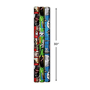 Hallmark Star Wars Wrapping Paper with Cut Lines on Reverse (3-Pack: 60 sq. ft. ttl) with Yoda, Darth Vader, Chewbacca, R2-D2, C-3PO, Stormtroopers, X-Wing, Millennium Falcon