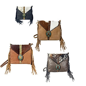 Urbalabs Western Crossbody Fringe Buckle Cowhair Leather Messenger Teal Stone Tooled Tote Bag Hand Stitched Purses (Dark Brown)