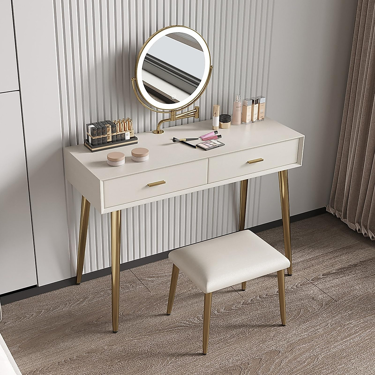 HIMAmonkey Vanity Desk Set with 360° Rotating Mirror and Lights, Small Makeup Vanity with Microfiber Leather, Vanity Table with 2 Drawers, Stool, 3 Lighting Modes - 31.5in Beige