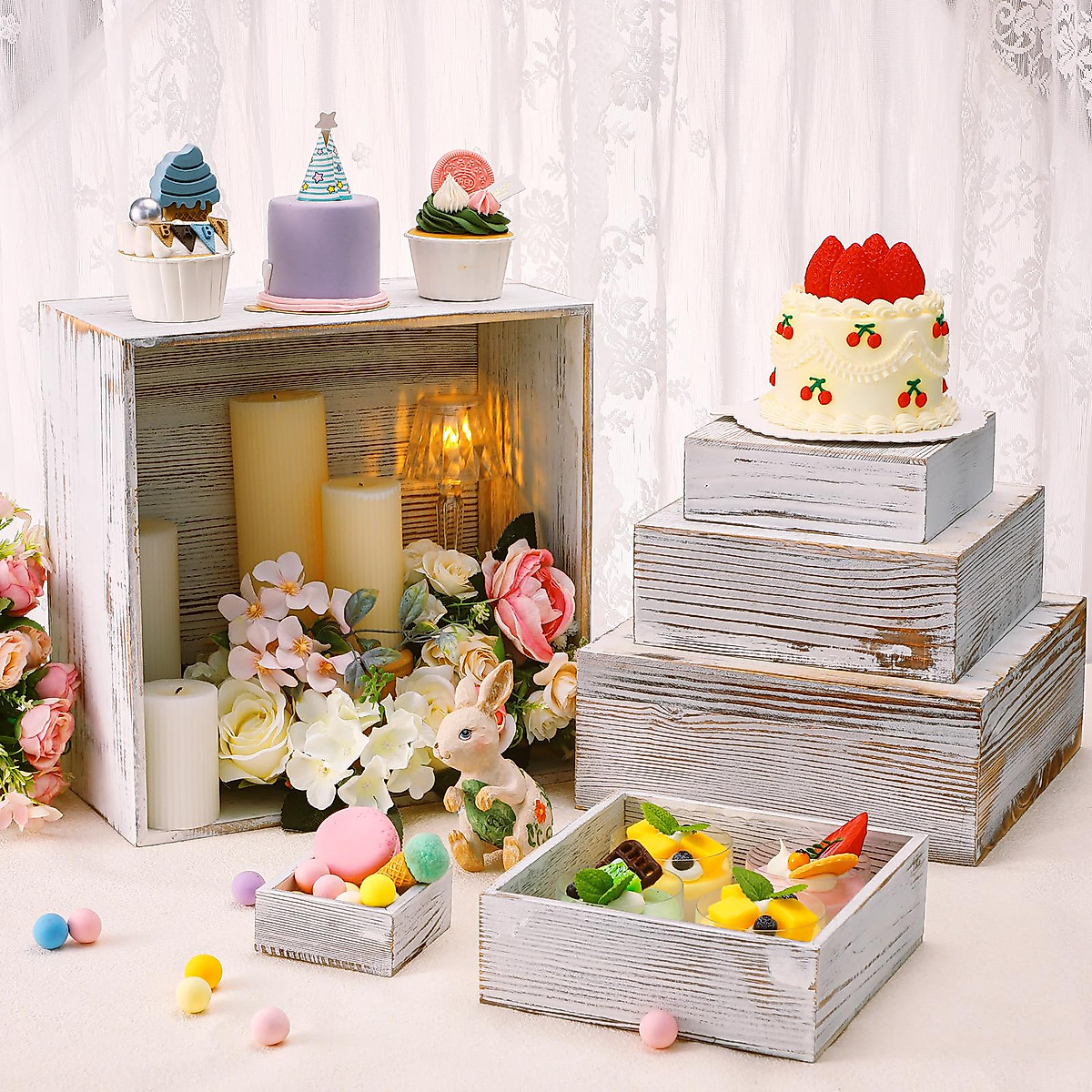 Roowest 6 Pcs Wood Cupcake Display Stand Whitewashed Decorative Dessert Wood Cake Stand Risers Wooden Rustic Square Stackable Decorative Box Risers for Wedding Birthday Christmas Party