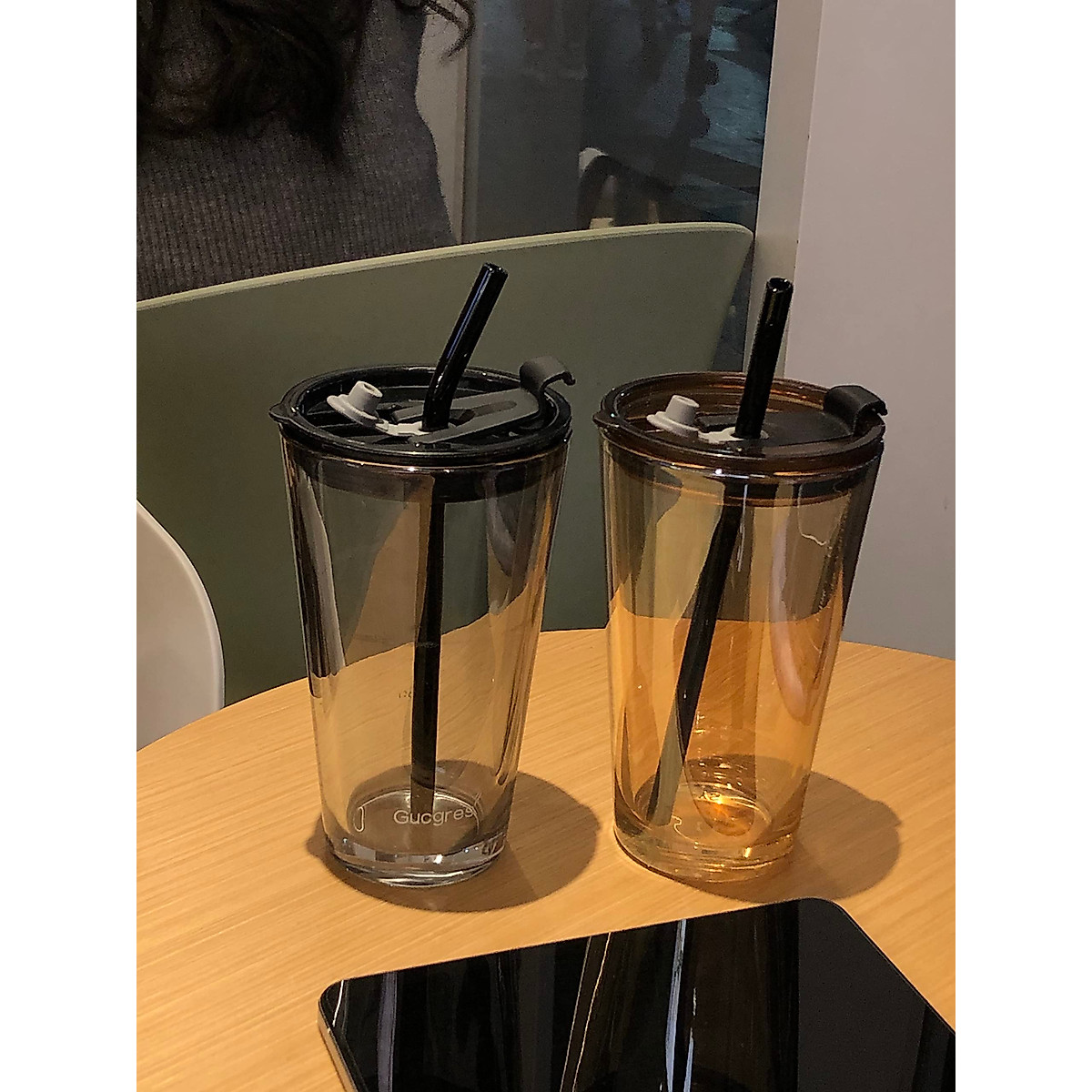 2 Pack 16 Ounce Tumbler with Lid and Straw, Leakproof Glass Cups with Lids and Straws, Iced Coffee Cup Silicone Sleeve Smoothie Cup Boba Cup