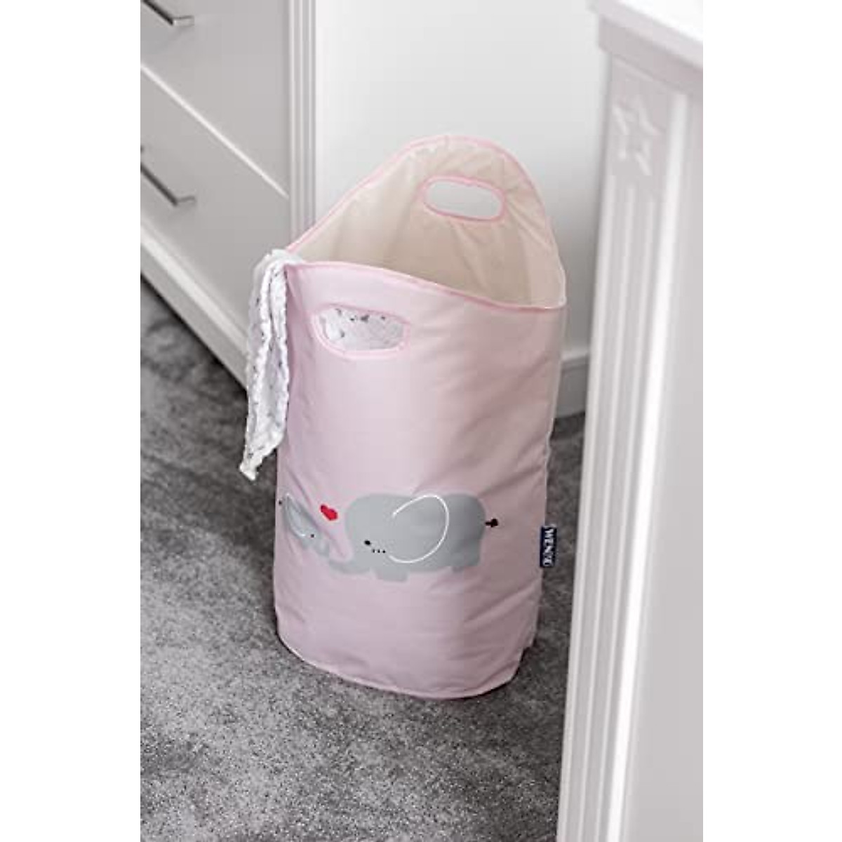 WENKO Kids Laundry Hamper, Baby Hamper for Nursery, Baby Basket for Dirty Clothes, Elephant Nursery Hamper, Toy Basket with Handles, Pink Laundry Bin, 15.7 x 20.5 x 7.9 inch