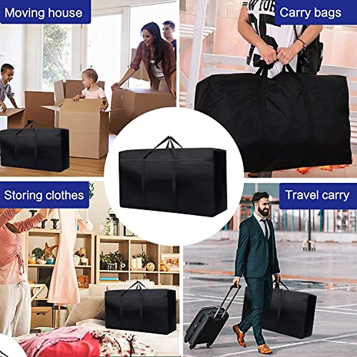 Evealyn Moving Bags Heavy Duty Extra Large 120L, Waterproof Luggage Storage Bags with Totes ,College Storage Bags Packing bags for Moving with Zippers for Clothes,Space Saving College Carrying Bag 2 Pack (Black)